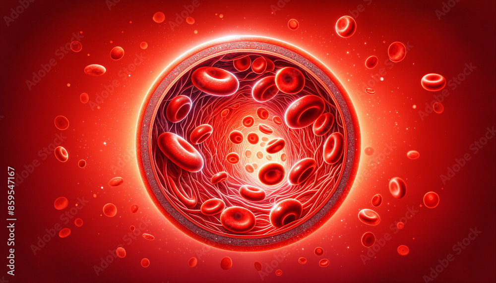 AI illustration of a blood vessel cross-section showing red blood cells ...
