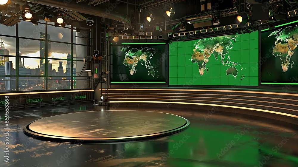 A virtual TV studio set with large green screen walls, massive screens ...