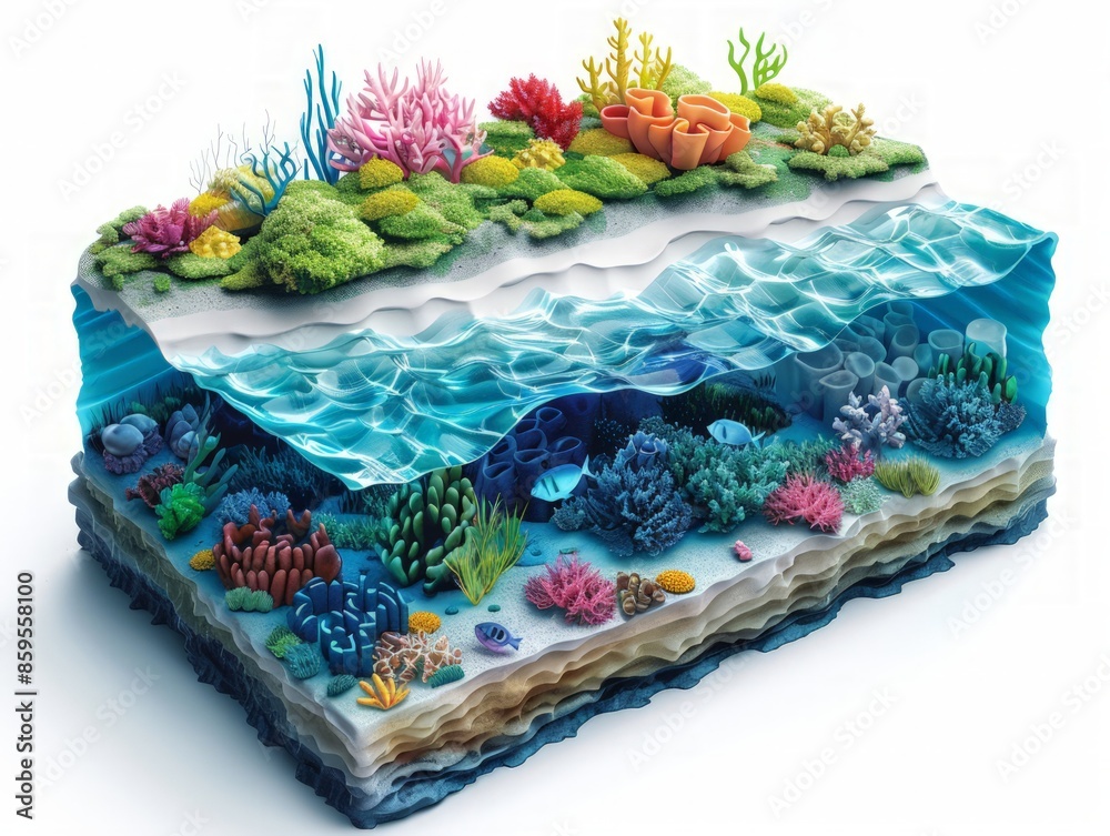 the process of ocean acidification, showing CO2 absorption, pH decrease ...