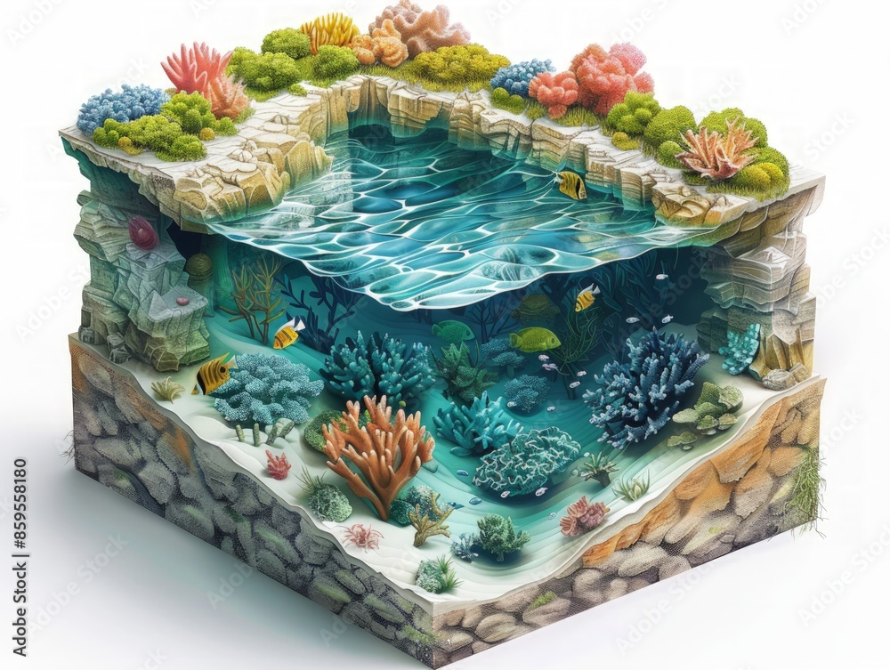 the process of ocean acidification, showing CO2 absorption, pH decrease ...
