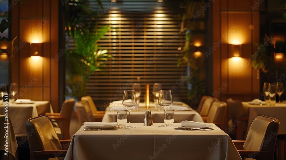 Elegant restaurant interior with set tables and soft lighting creating ...
