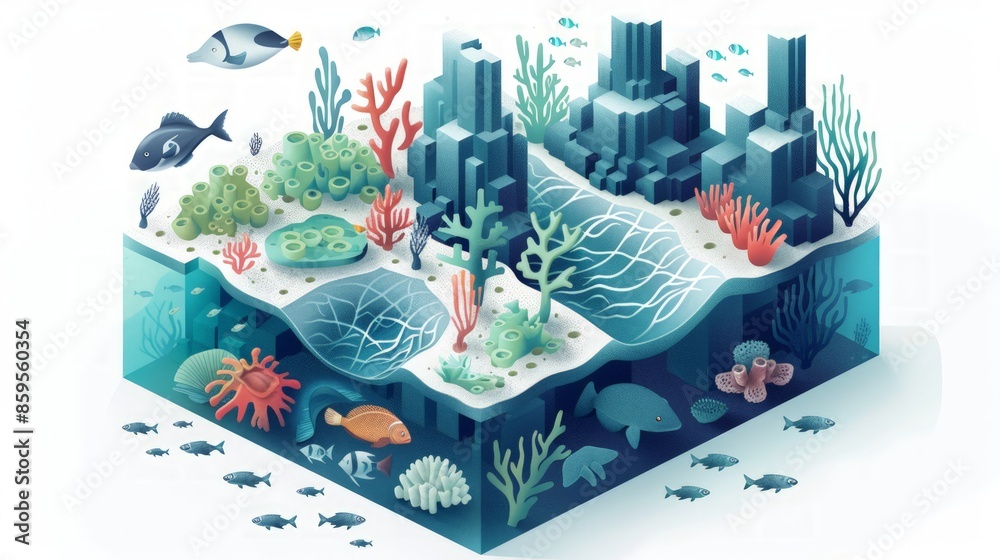 the process of ocean acidification, showing CO2 absorption, pH decrease ...