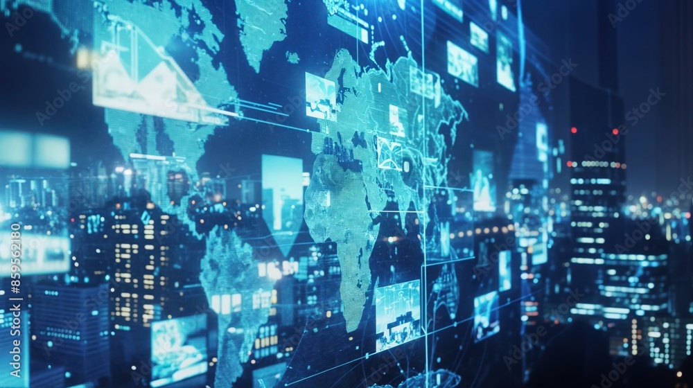 World map with digital overlays displayed over a city at night Stock ...