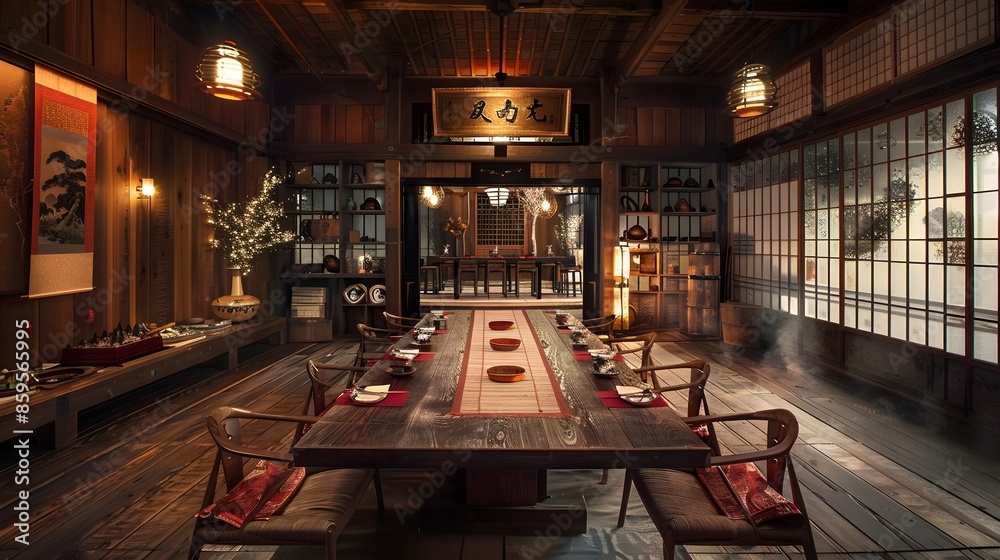 Traditional Japanese dining room with wooden furniture and ambient ...