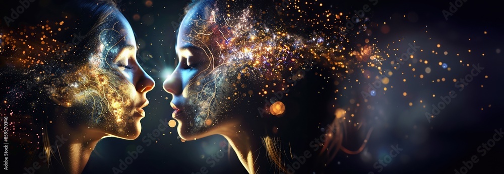 Two woman heads facing each other, black background. Superimposition of ...