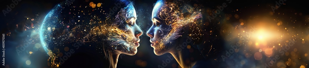 Two woman heads facing each other. Superimposition of lights, swirls ...