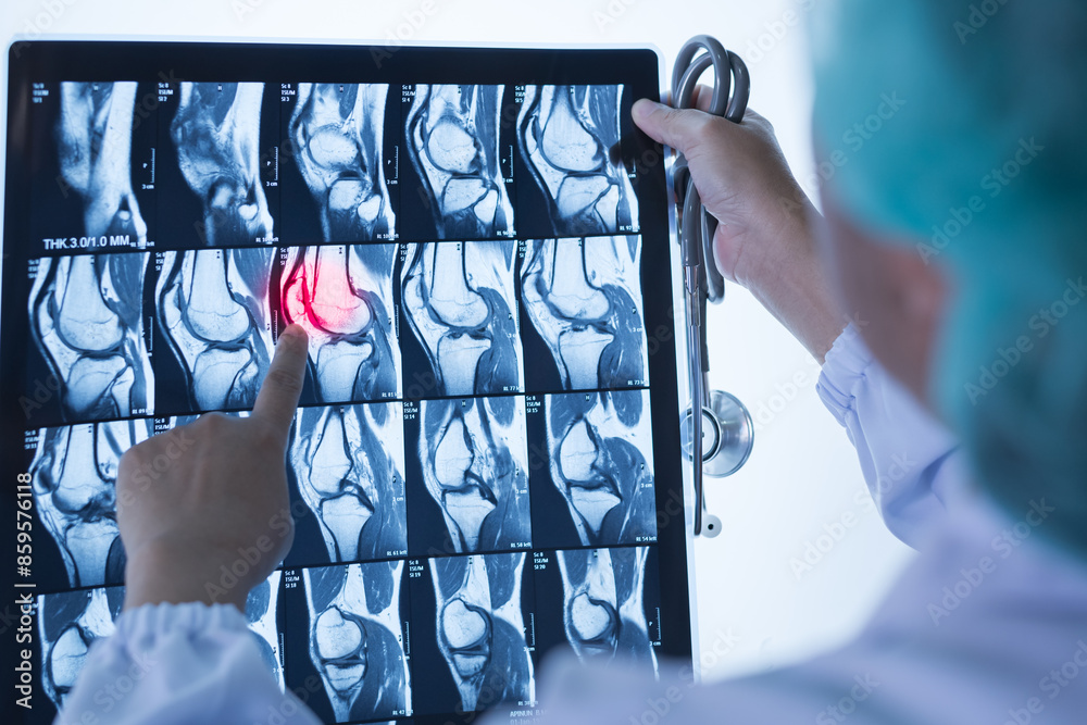 Doctor hand point patient bone x-ray film before surgery.Image MRI and ...