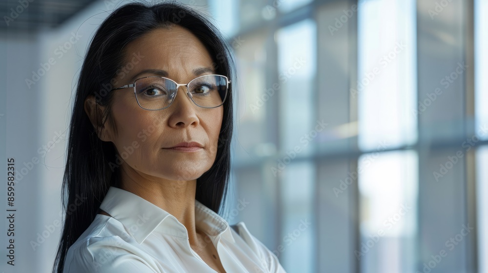 Beautiful 45 years old gentle Native American woman, wearing glasses ...