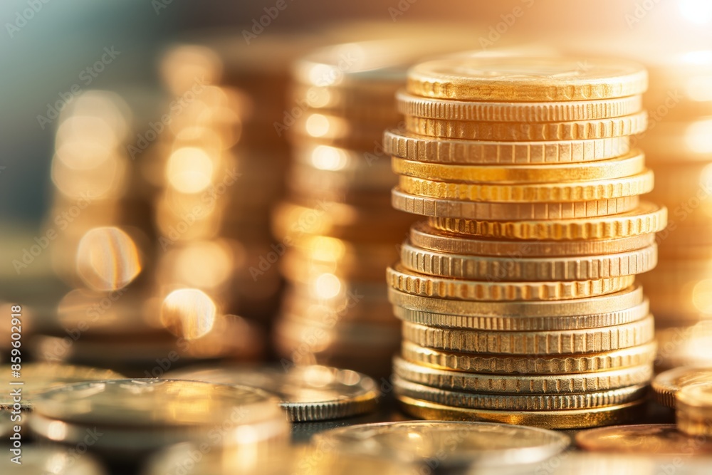 A pile of gold coins stacked in a narrow focus arrangement ...
