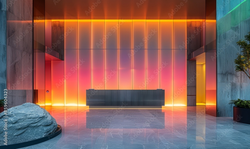 vertical light panels go from pink to acid green hues, creating an ...