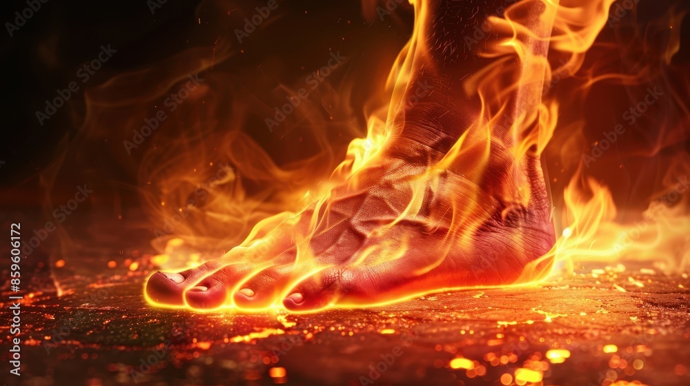 Human foot engulfed in flames, with the fire appearing to emerge from ...