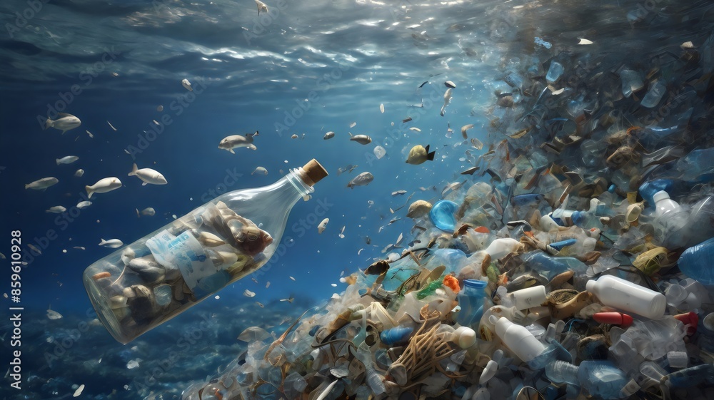 Problem plastic bottles and microplastics floating in the open ocean ...