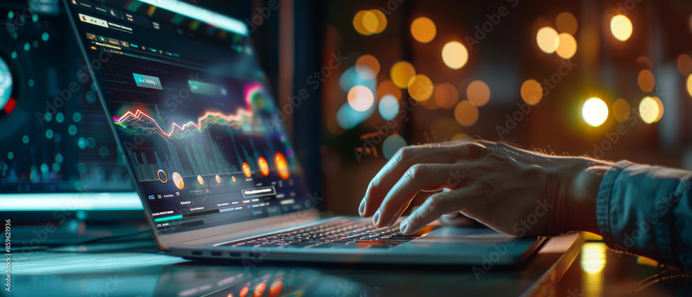 Fingers type on a sleek keyboard, the computer screen displaying data ...