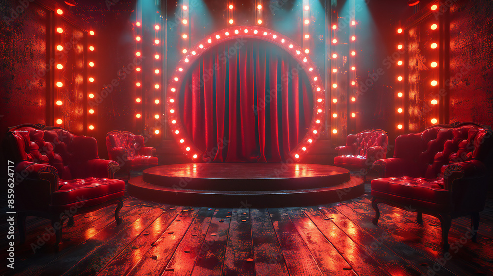 Circus stage podium background 3D carnival light red show curtain ...