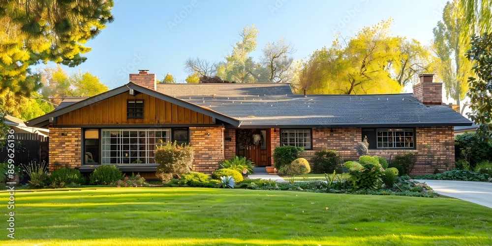 California Ranch Style Home with Low-Pitched Roof and Brick-Wood ...
