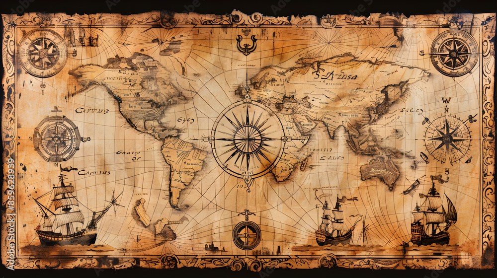 Exquisite Antique Map Featuring Exploration Routes, Mythical Creatures ...