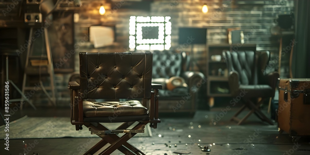 Vintage film studio set with directors chair and cinematic equipment in ...