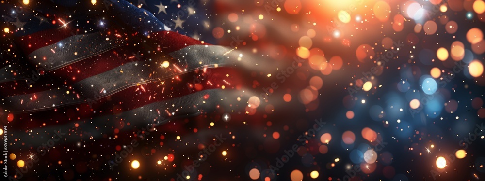 A blurred American flag with sparkling fireworks in the background ...