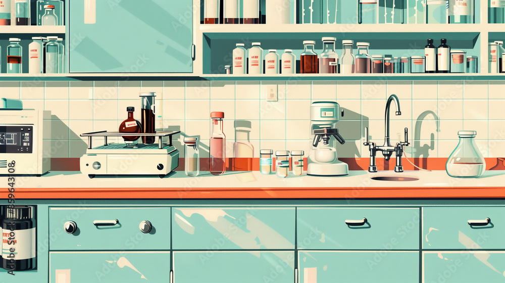 Retro 50s kitchen counter with appliances and medical laboratory ...