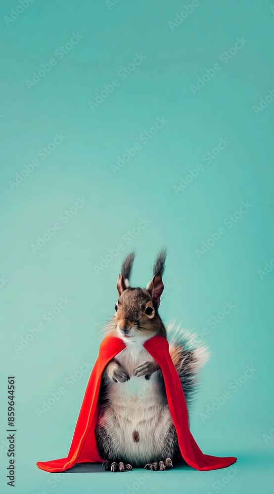 A squirrel in a red cloak stands against a light blue background. The ...