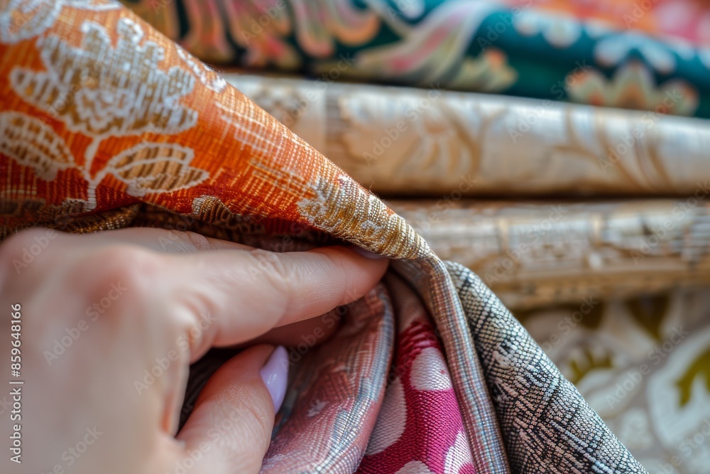 Selecting Modern Fabric Samples from Catalog. Hand touching various ...
