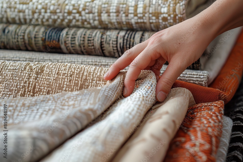 Selecting Modern Fabric Samples from Catalog. Hand touching various ...