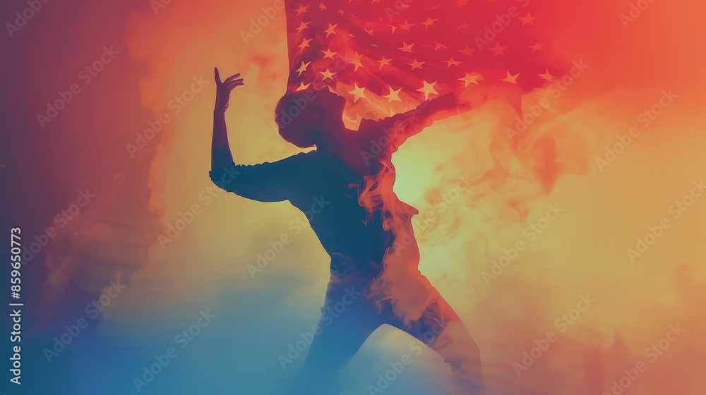 Ethereal silhouette of a dancer amid the vibrant colors and stars of an ...