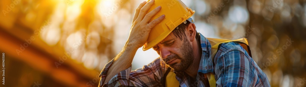 Exhausted construction worker wearing a yellow hard hat, showing ...