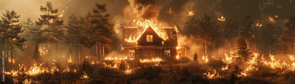 Forest fire raging through a wooded area, consuming trees and a house in its path. The flames ...