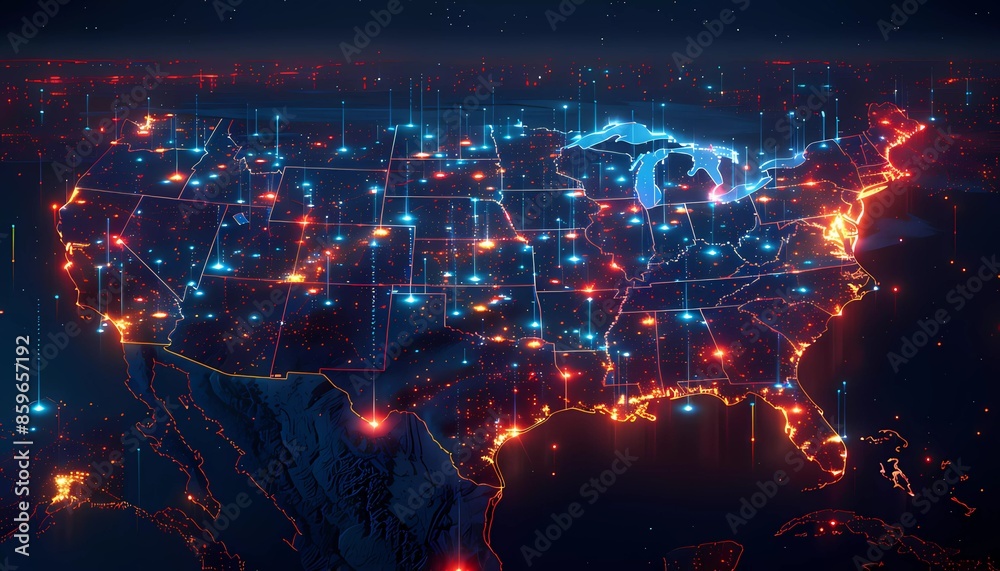 ภาพประกอบสต็อก Telecom Revolution: 5G Network Growth Across North America, map with arrows and ...