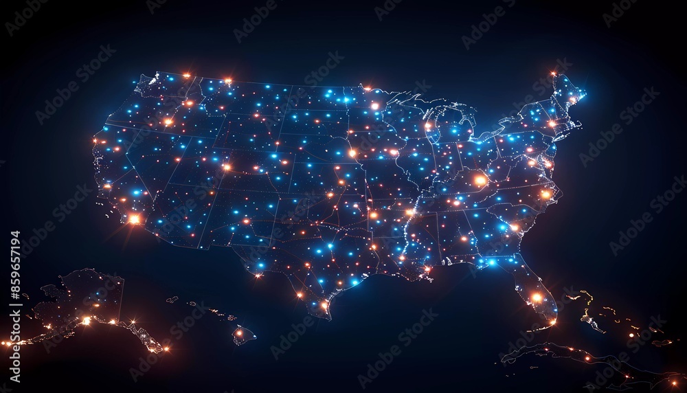 Telecom Revolution: 5G Network Growth Across North America, map with arrows and nodes depicting ...
