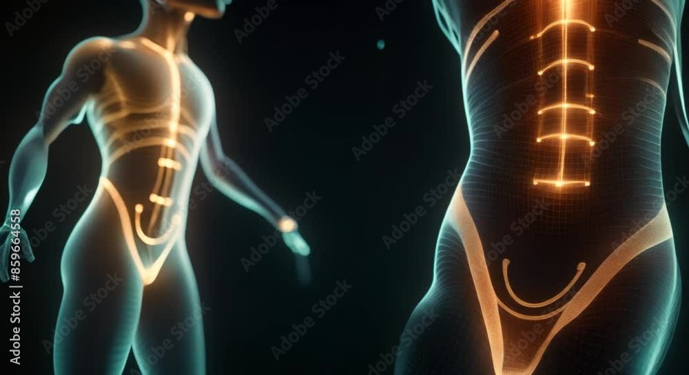 Glowing hologram of human body 3D structure with dark background ...