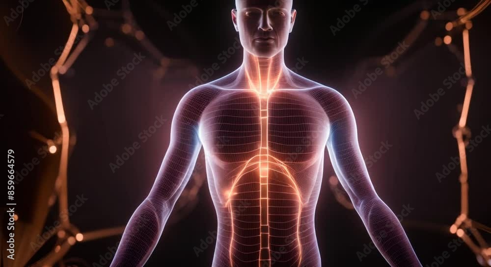 Glowing hologram of human body 3D structure with dark background ...