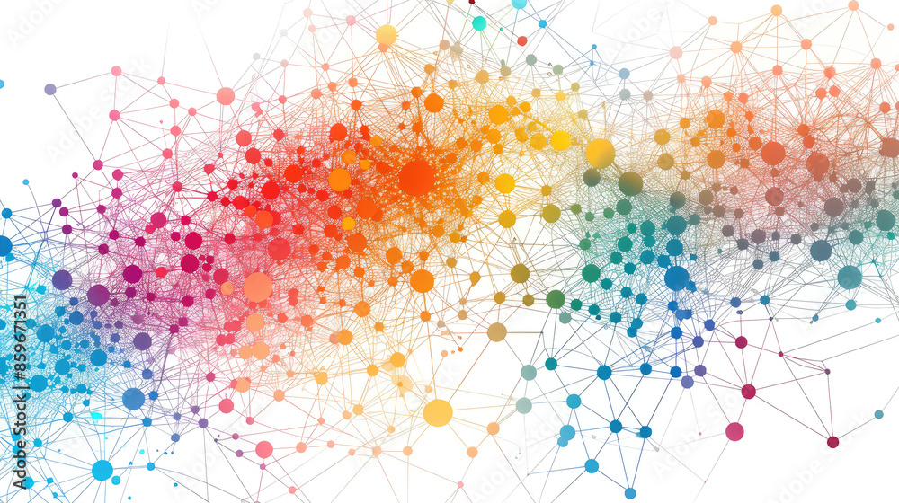 Colorful dots of various sizes are connected by thin lines, creating a ...