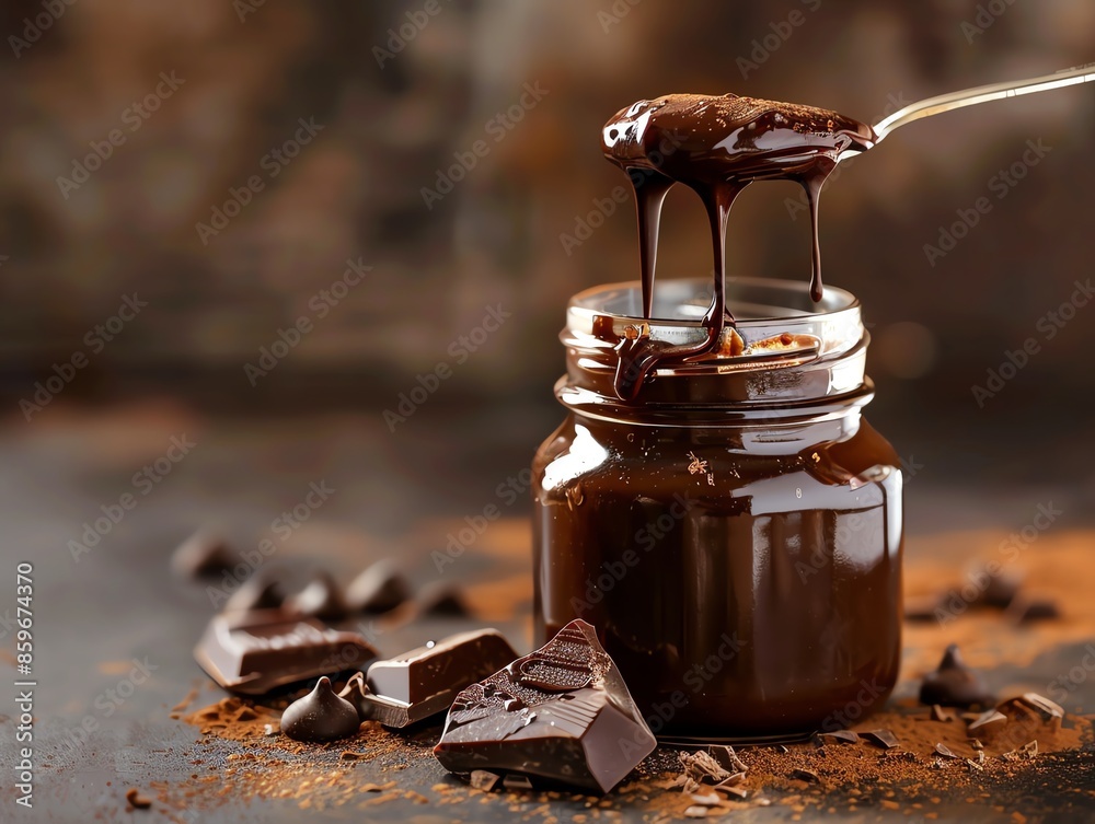 Decadent chocolate syrup dripping from a spoon into a jar, surrounded ...