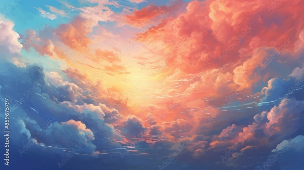 Digital artwork of vibrant sunset cloudscape. Fantasy art concept with pink and blue hues. An ...