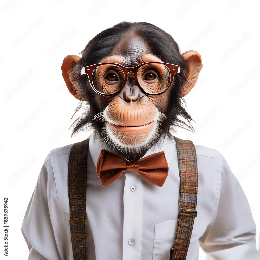 Well dressed chimpanzee monkey wearing shirt, suspenders, bow tie and ...
