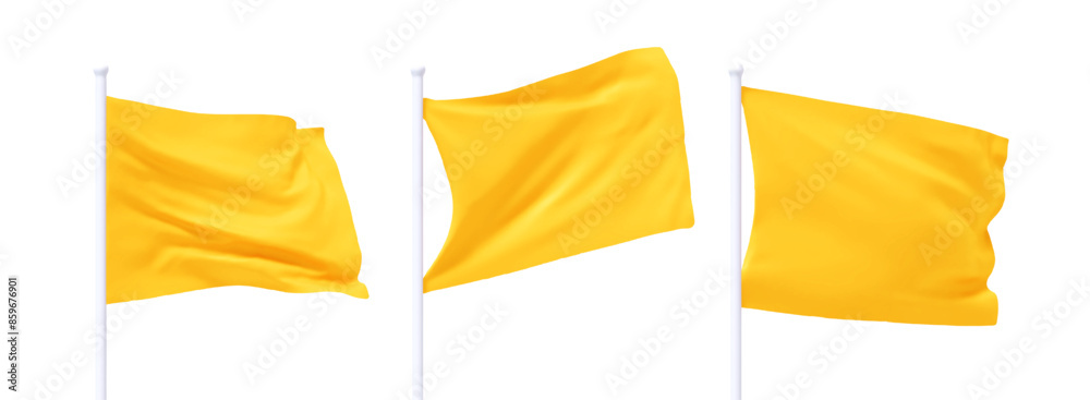 Set of Yellow waving flag on flagpole. Realistic 3d design flag flies ...