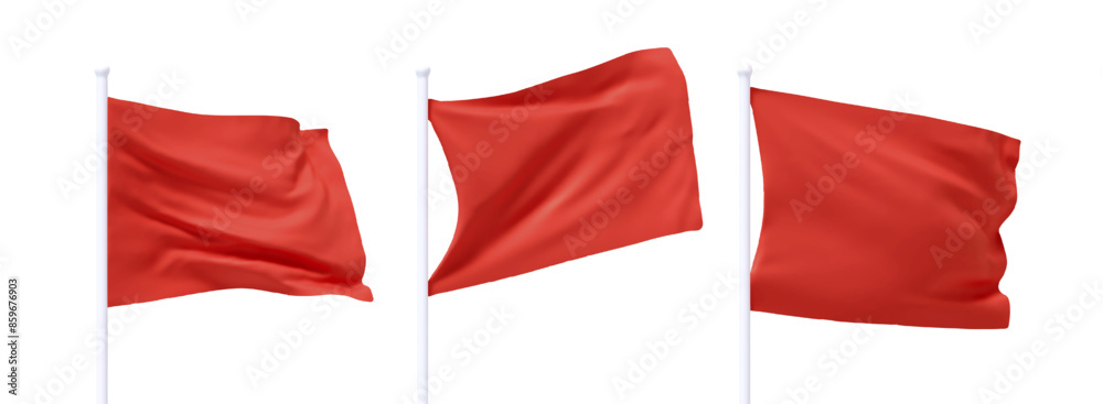 Vecteur Stock Set of Red waving flag on flagpole. Realistic 3d design ...