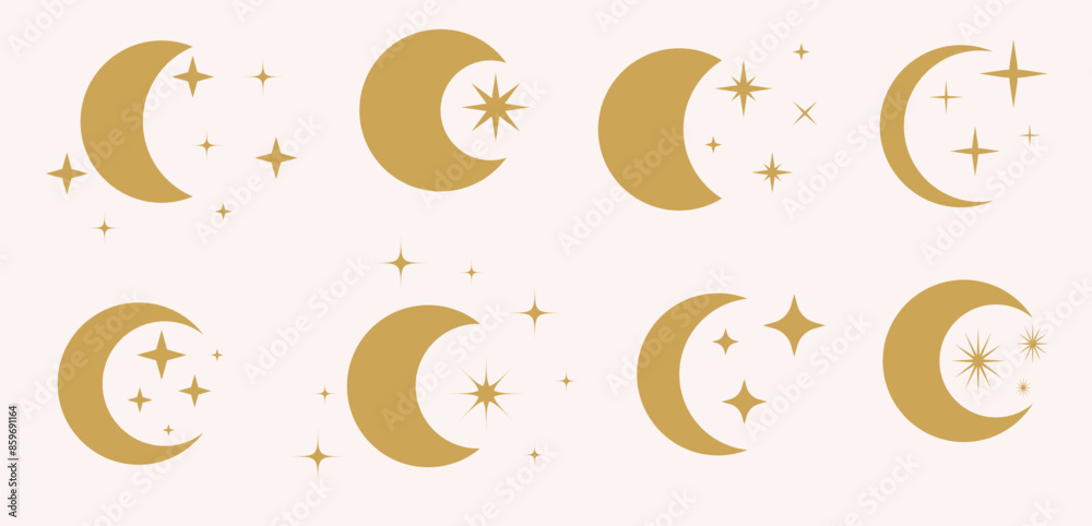 Mystic stars and moons shapes. Half crescent symbol graphic elements ...