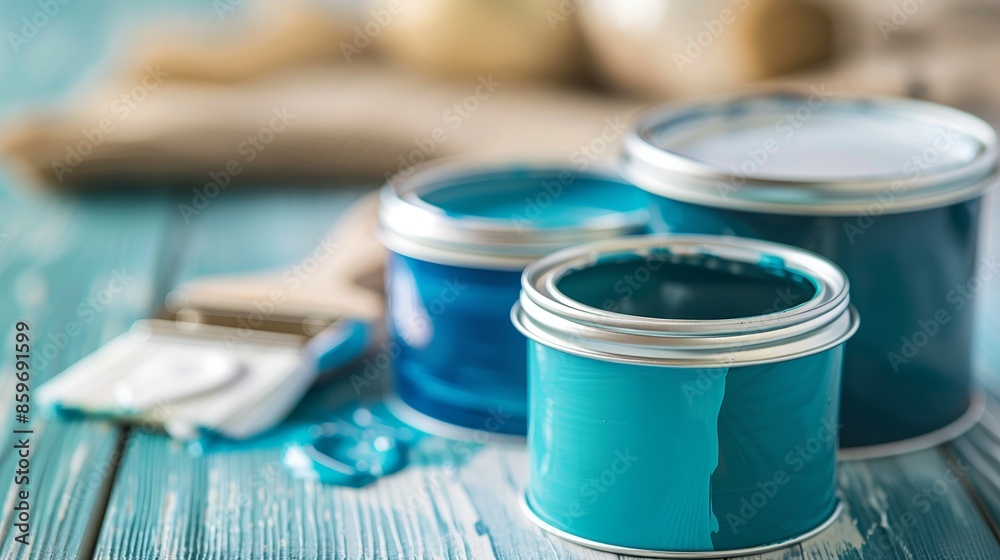 Small sample paint containers are used when renovating a house. These ...