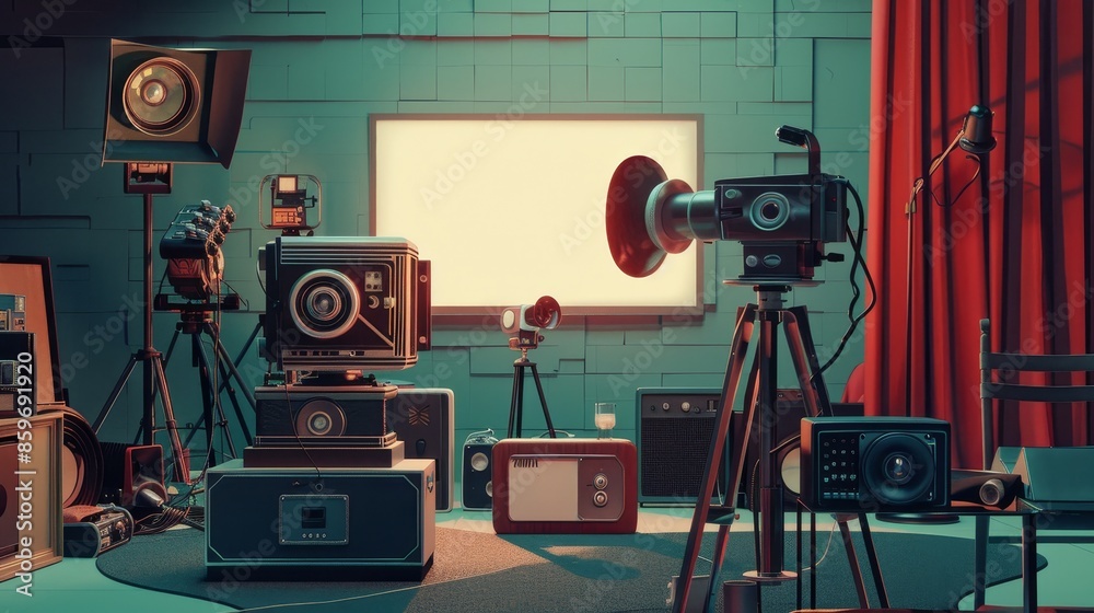 Retro Film Studio Set with Vintage Camera and Blank Screen Stock ...