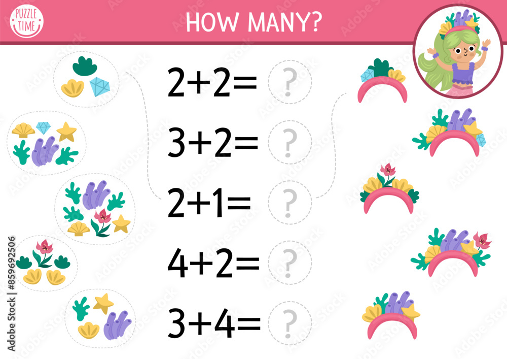 Match the numbers mermaid game with headband made of seaweeds, shells ...
