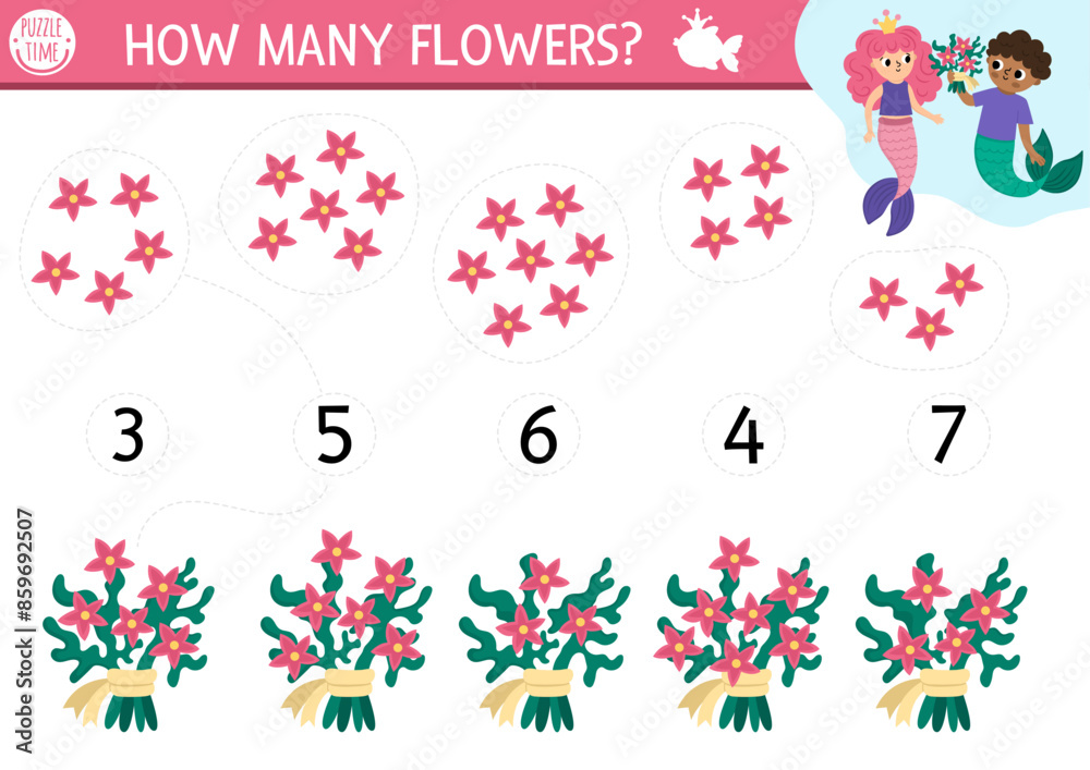Match the numbers mermaid game with merman giving seaweed flower ...
