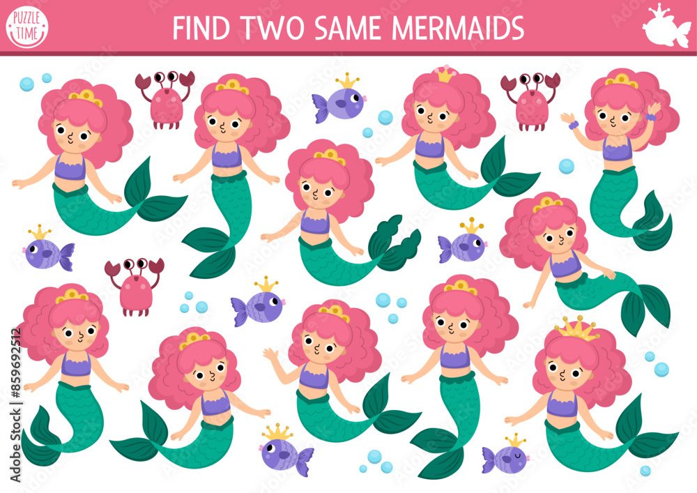 Find two same mermaids. Fairytale ocean kingdom matching activity for ...