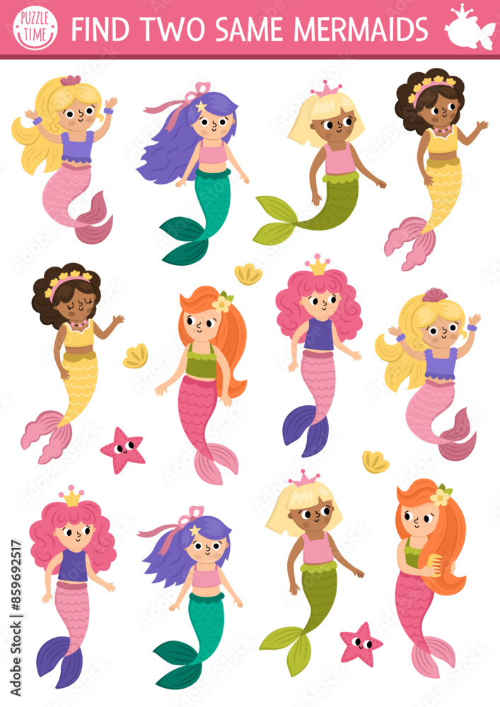 Find two same mermaids. Fairytale ocean kingdom matching activity for ...