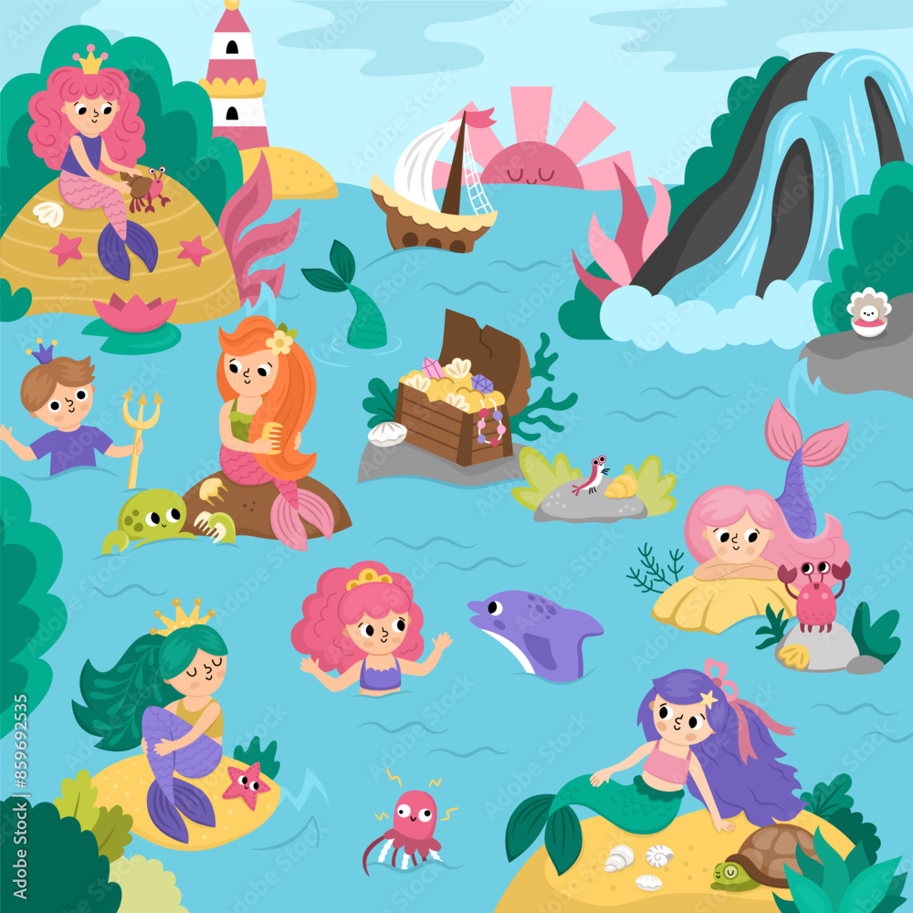 Vector mermaid landscape illustration. Marine prince and princesses ...
