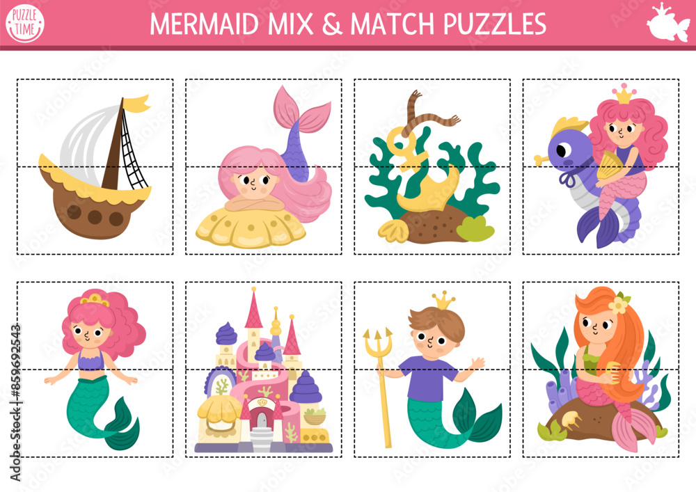 Vector mermaid mix and match puzzle with cute sea princess. Matching ...