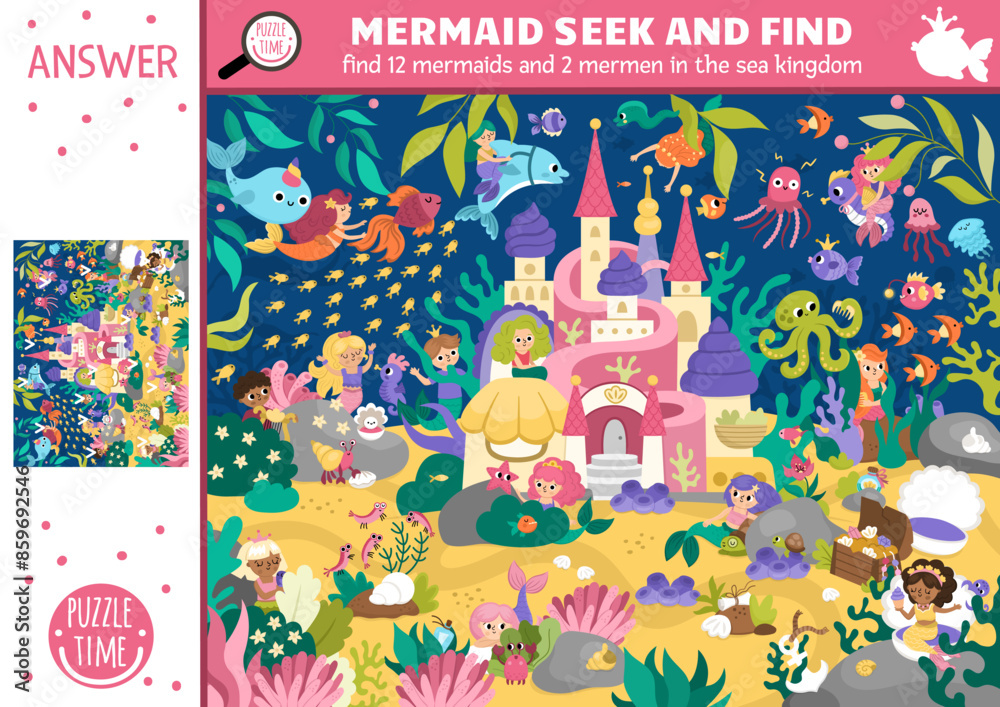 Vector mermaid searching game with fairytale ocean kingdom landscape ...