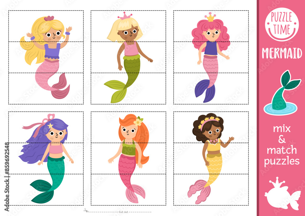 Vector mermaid mix and match puzzle with cute sea princess. Matching ...